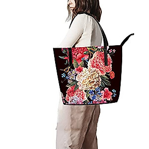 Vintage Boho Pink Peonies Floral Tote Bag for Women Leather Handbags Women's Crossbody Handbags Work Tote Bags for Women Coach Handbags Tote Bag with Zipper.