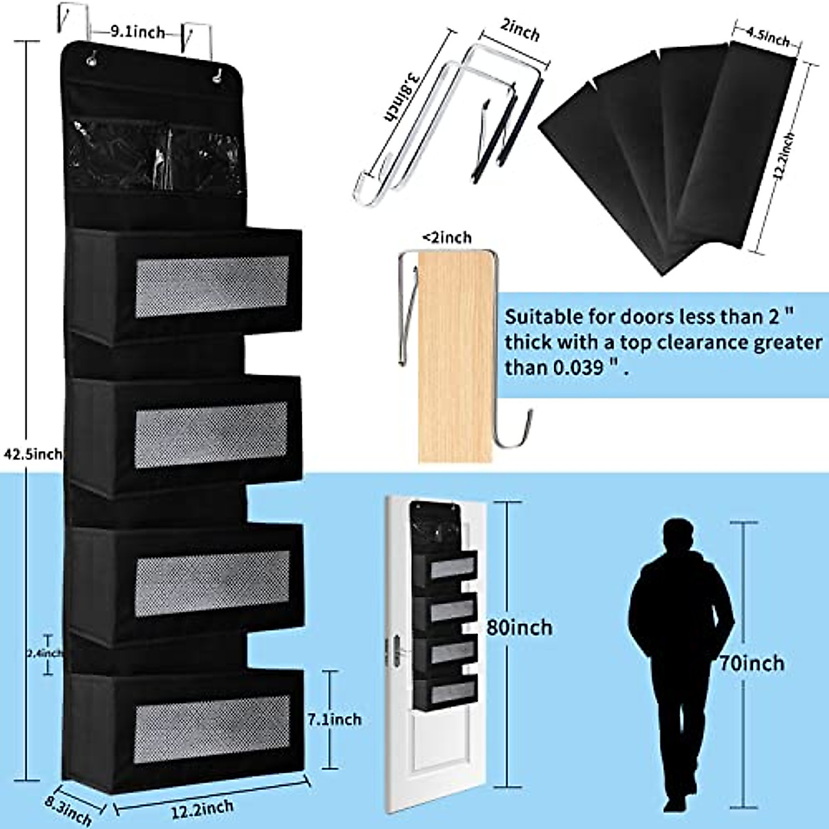 2 Pack Over Door Hanging Organizer, Boczif 5-Shelf Wall Mount Storage with 4 Large Pocket and Mesh Clear Window, Closet Door Organizer for Bathroom,Pantry,Closet,Dorm,Toys,Kitchen, Cosmetics (2-Black)