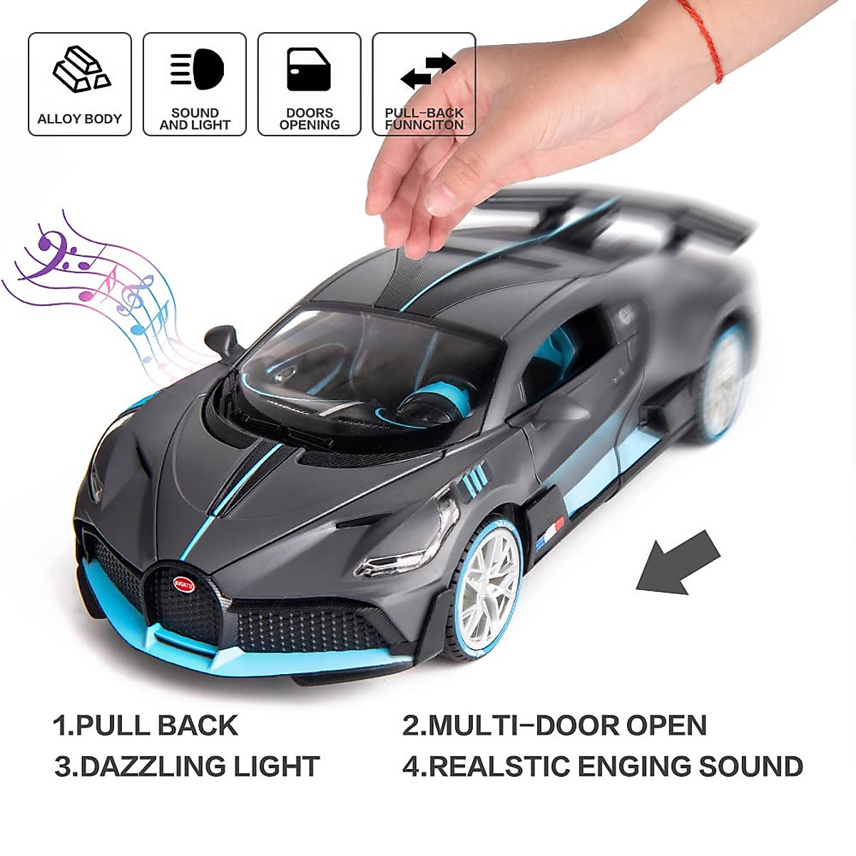 WAKAKAC 1/24 Bugatti Divo Model Car Alloy Diecast Pull Back Toy Vehicle with Light and Music Supercar Toys for Toddlers Kids Children Gift (Gray)