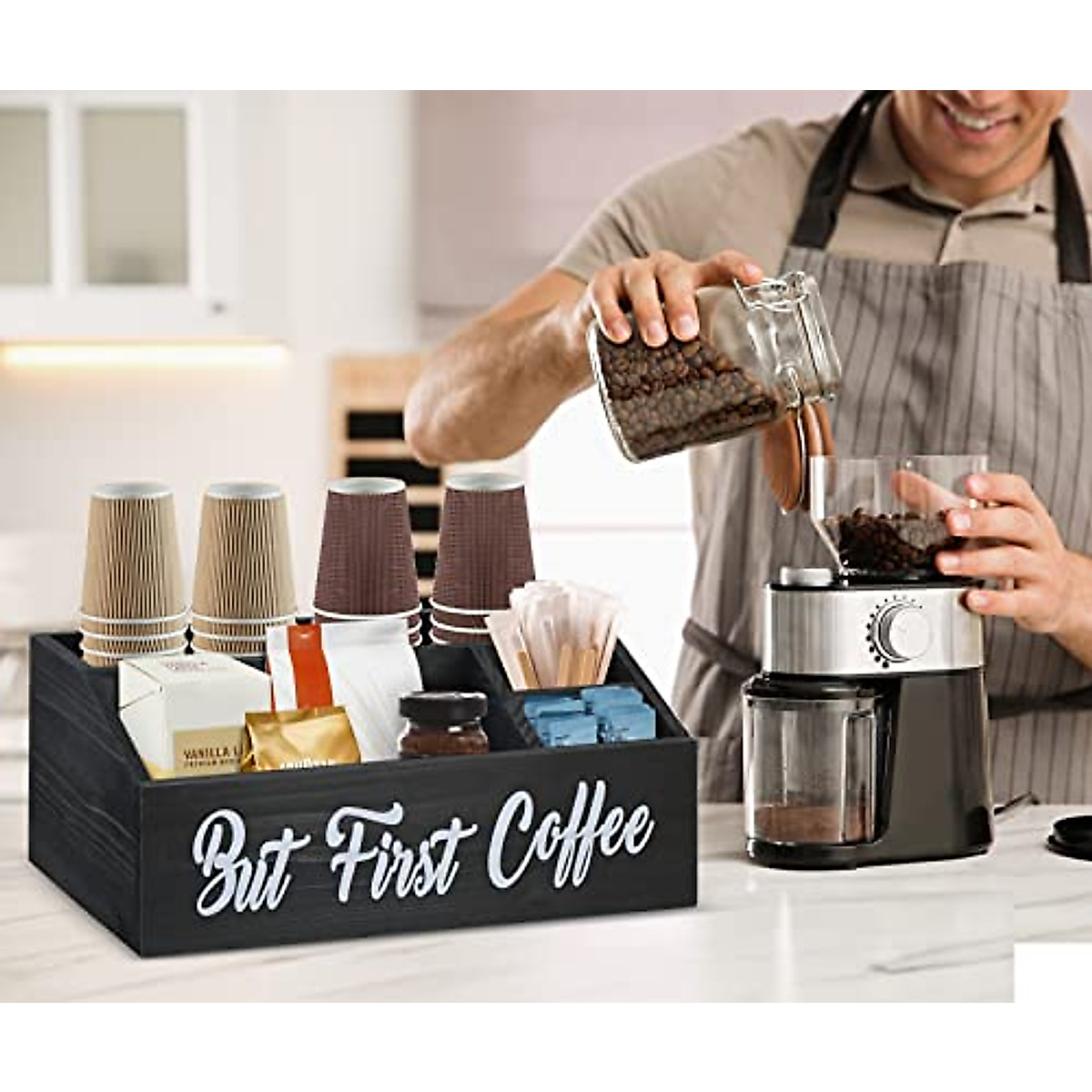 Coffee Station Organizer, Wooden Coffee Bar Bin Box, Countertop Coffee Bar Accessories Organizer, Coffee Pod Holder Storage Basket, Coffee Station Holder for Coffee Bar Decor, Coffee Lover (Black)