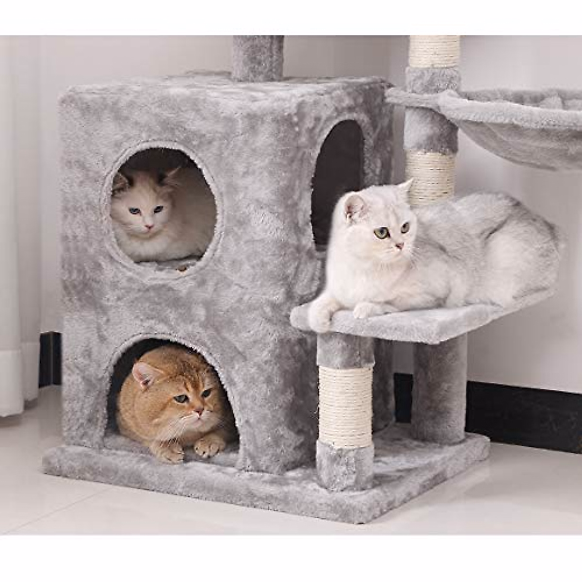 BEWISHOME Cat Tree Condo with Sisal Scratching Posts, Plush Perch, Dual Houses and Basket, Cat Tower Furniture Kitty Activity Center Kitten Play House, Light Grey MMJ06L