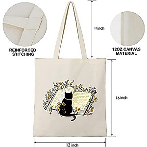 Canvas Tote Bag For Woman,Reusable Fabric Bags Funny Aesthetic Tote Bag With Zipper Cute Cat Flower Tote Bag Reusable Grocery Bags Book Lightweight