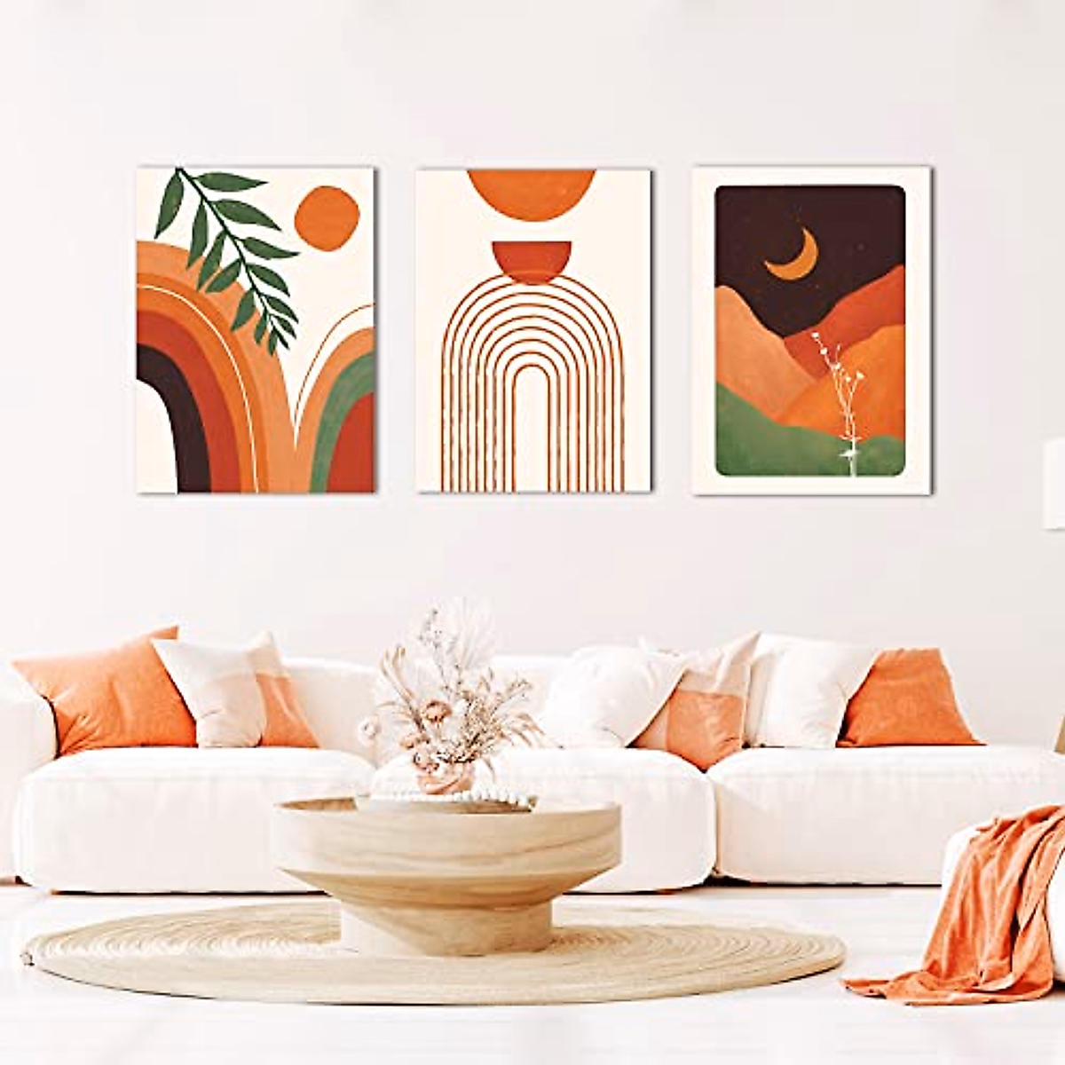 Boho Wall Art Set of 3, Boho Bedroom Decor Orange Minimalist Wall Decor Art, Mid Century Modern Wall Art, Neutral Abstract Geometric Framed Canvas Prints Wall Art for Bathroom 12"x16"