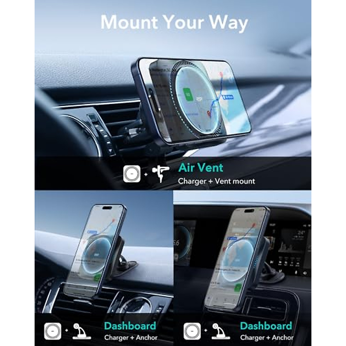 ESR for MagSafe Car Mount Charger with CryoBoost, Magnetic Wireless Car Charger Compatible with MagSafe Car Charger, for iPhone 15/14/13/12, Fast Phone Cooling Charger