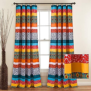 Lush Decor Boho Stripe Window Curtain Bohemian Geomatric Floral Design Panel Pair, 52" W x 84" L, Turquoise & Tangerine