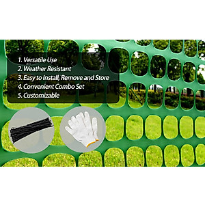 PotatoLife Plastic Mesh Fence Safety Fence, 4'x100' Roll with 100 Zip Ties, Resuable Temporary Netting for Garden Fencing, Construction, Snow Fencing, Animal Barrier, Poultry, Deer, Patio, Green