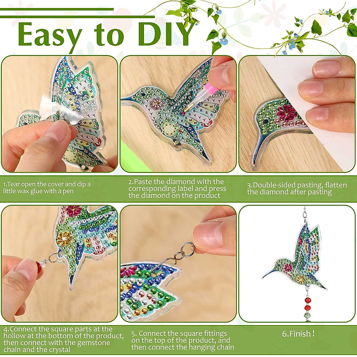 Jetec 3 Pieces Diamond Painting Suncatcher Wind Chime Double Sided Crystal Gem Paint by Number Diamond Painting Hanging Ornament for Home Garden Adults Kids (Dragonfly, Butterfly, Hummingbird)