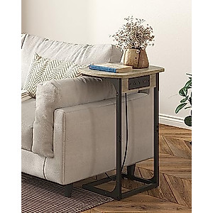 Hzuaneri C Shaped End Table with Charging Station, Bed Side Table with USB Port & Outlet, Couch Table, C Snack Table for Living Room, Bedroom, Greige and Black ET05105B