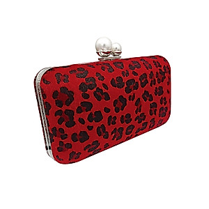 Plush Evening Bag for Women Stylish Leopard Print Handbag Pearl Chain Purse for Party Prom Red