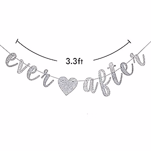 Happily Ever After Silver Glitter Bunting Banner, Engagement, Bridal Shower, Wedding Party Photo Booth Props Signs,Pre-Strung Cursive Bunting (Silver)