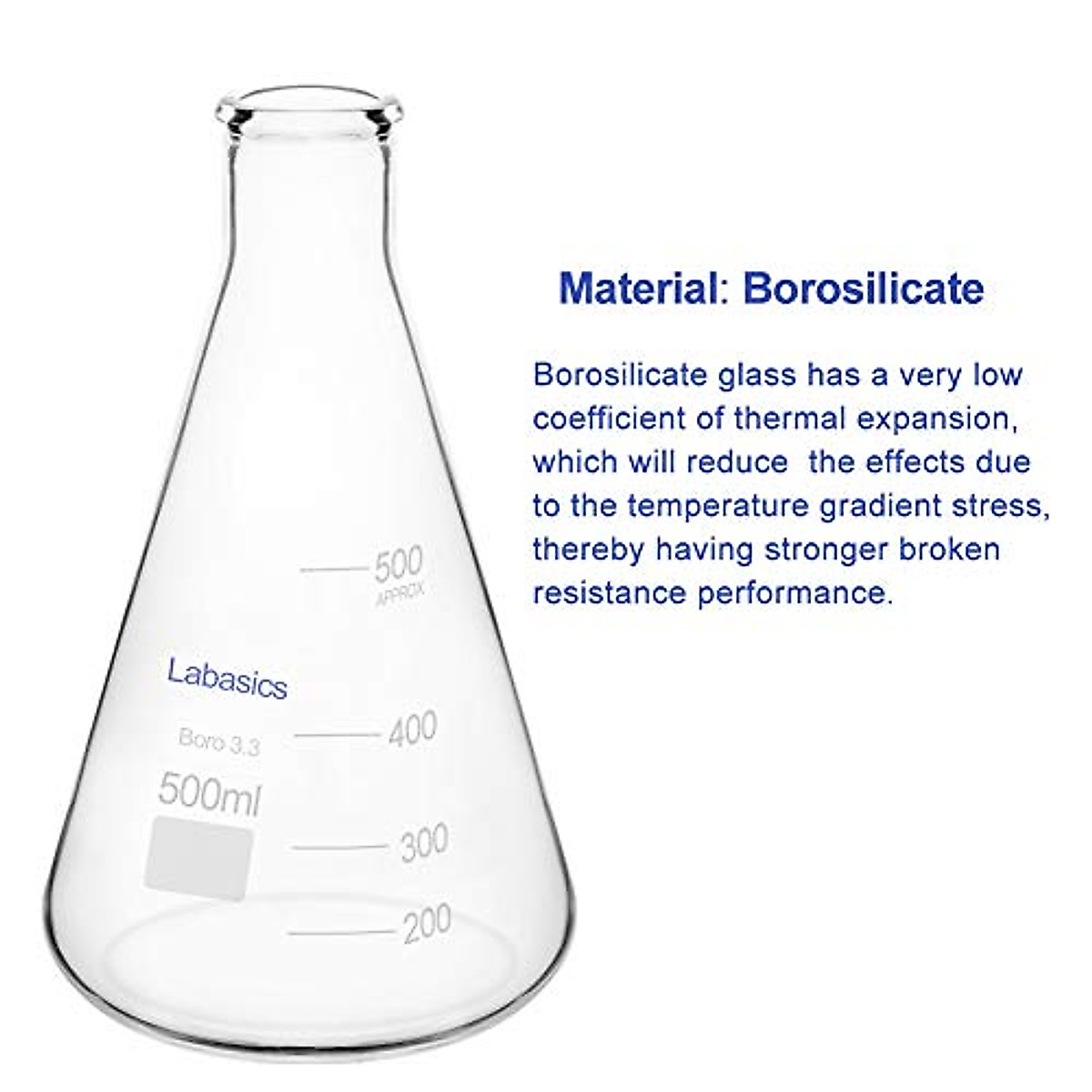 Labasics Glass Narrow Mouth Erlenmeyer Flask, Borosilicate Glass Heavy Wall Flask with Heavy Duty Rim, 500 ml