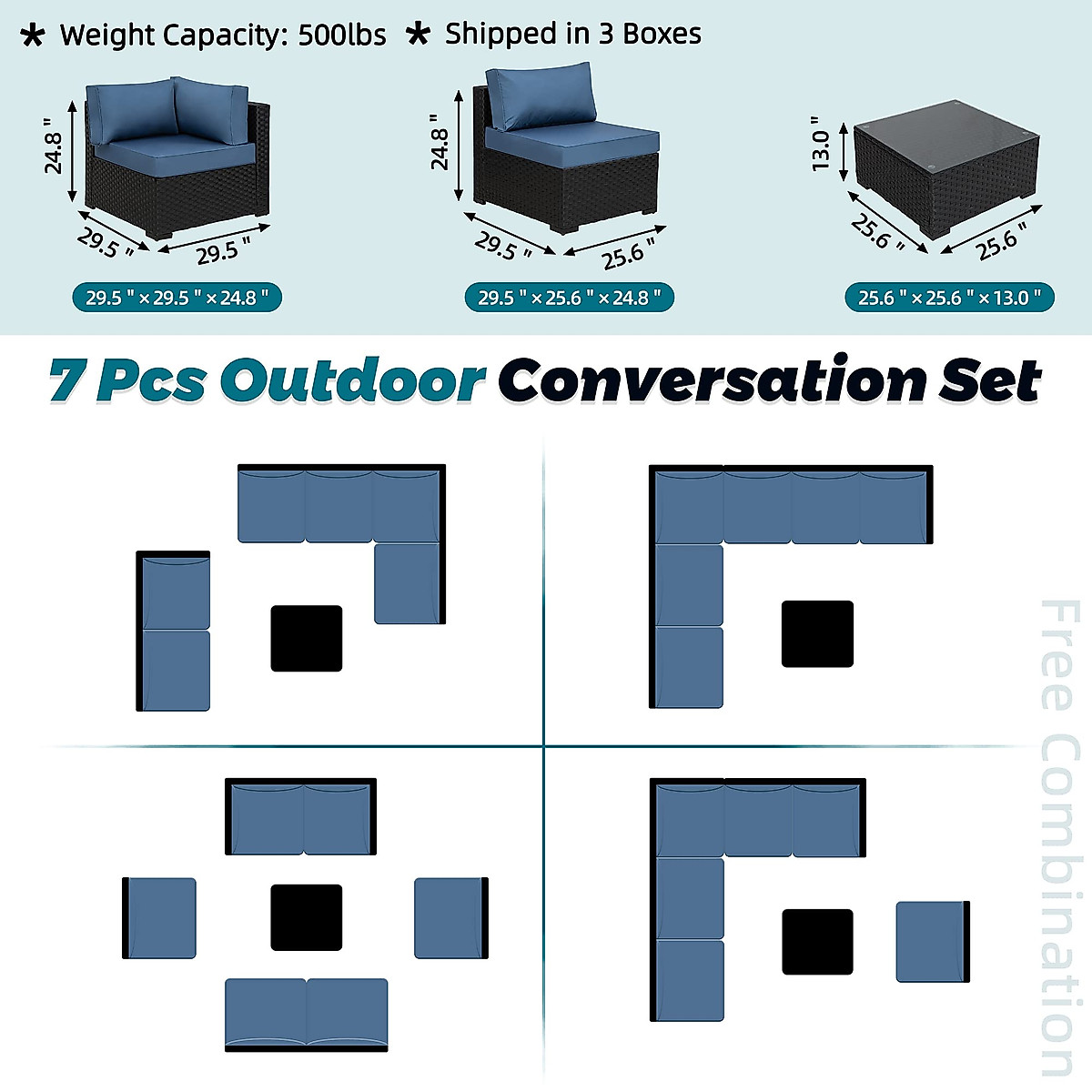SUNLEI 7pcs Patio Conversation Sets Outdoor Furniture Sets, High Back All-Weather Rattan Sectional Sofa with Tea Table&Washable Couch Cushions(Black Rattan)(Aegean Blue)