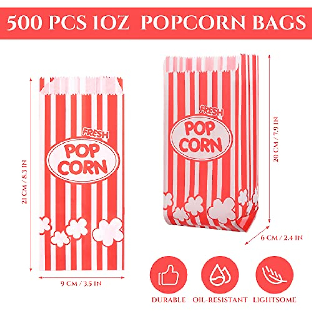 Fuutreo 500 Pcs 1oz Popcorn Individual Bags Bulk Disposable Popcorn Bag Red White Stripe Retro Popcorn Sleeves Small Popcorn Paper Bags for Candy Movie Night Themed Carnival Birthday Party