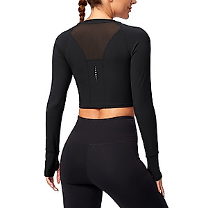 SANTINY Women's Long Sleeve Crop Workout Tops Slim Fit Gym Yoga Running Shirts for Women(Black_L)