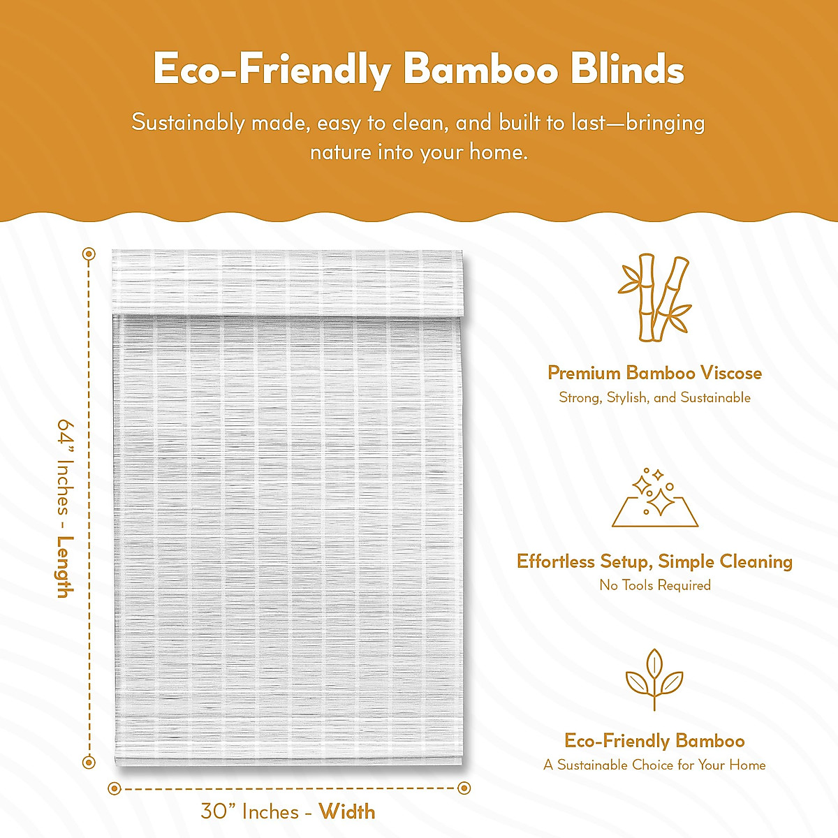 Radiance Cordless Bamboo Roman Shades for Windows - Matchstick Bamboo Blinds for Semi-Private Light Control - Easy to Lift & Fold Up Window Shades - White - 30" W x 64" L - (2215328E)