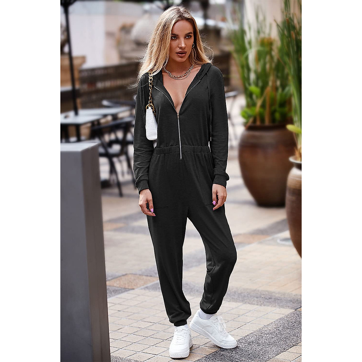 PRETTYGARDEN Women's Casual Long Sleeve Hooded Jumpsuits Zip Up One Piece Outfit Romper with Pockets (Black,Medium)
