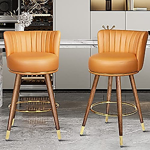 SeekFancy 27" Swivel Bar Stools Set of 4, Counter Height Bar Stools with Back, 360° Swivel Bar Chairs with Wood Legs and Footrest, Upholstered Orange Bar Stool for Kitchens Island, Rustic Bar, 300lbs