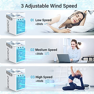 Thehomeuse Portable Air Conditioner Fan, 3in1 Personal Mini Cooler, Small Evaporative Cooler with LED Lights, Quiet Desktop Cooling Fan for Office, White