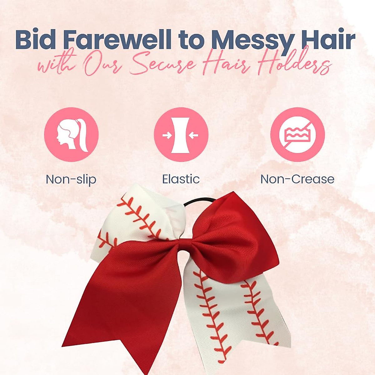 Sportybella - Baseball Stitch Hair Accessories for Girls - Red and White Softball Print Hair Bows, Ponytail Holders Gift Set - 6.5"