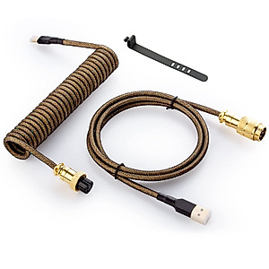 GUNMJO Starlight Coiled USB C Cable for Gaming Keyboard, Double-Sleeved Mechanical Keyboard Cable with Detachable Metal Aviator, 1.5M USB-C to USB-A, Black Color with Gold Aviator Connector