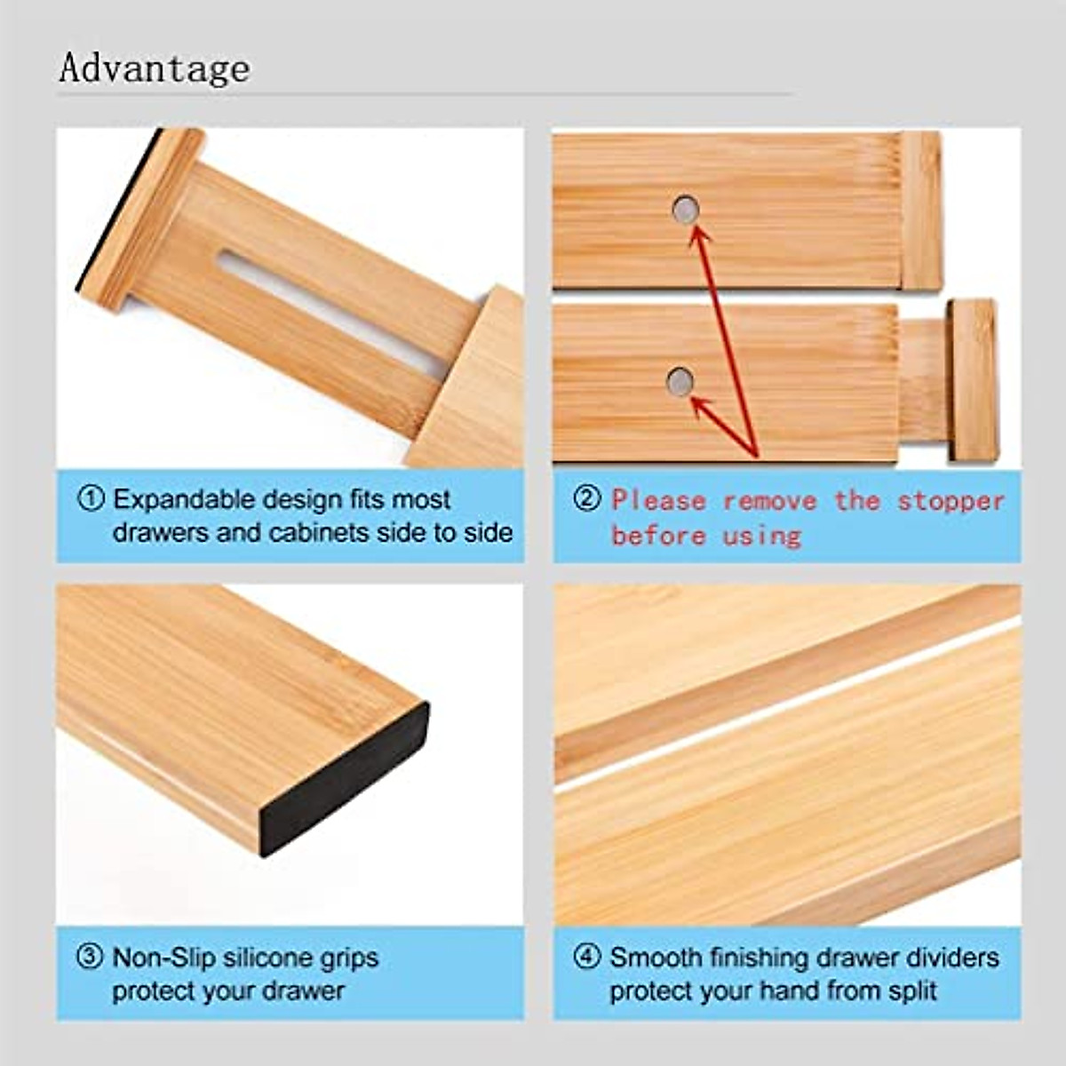 6 Pack Adjustable Bamboo Drawer Dividers Organizers, Spring Loaded Drawer Separators - Expandable Drawer Organization Separators for Kitchen, Dresser, Bedroom, Baby Drawer, Office (17.5-22 inch)