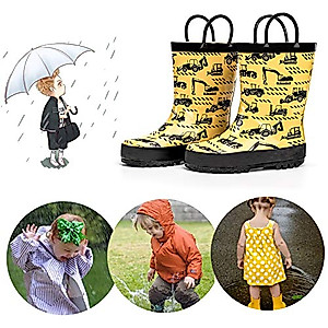 ADAMUMU Toddler Kids Rain Boots Childrens Waterproof Rubber Shoes with Easy-On Handles Lightweight in Cartoon Patterns for Boys & Girls A-Yellow