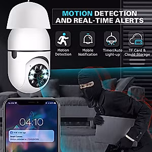 Wireless WiFi Light Socket Bulb Security Camera 360 Degree PTZ Home Camera Floodlight Night Vision Motion Detection 64GB Micro SD Card Included Support 2.4Ghz and 5Ghz