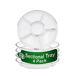 PARTY BARGAINS 6-Section Round Plastic Serving Tray, 12 inch, White with Silver Rim, Pack of 4, Reusable Platters for Appetizers, Fruits, Snacks, Charcuterie, Dessert