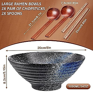 YTLEMON Ramen Bowls Set of Ceramic, 2 Sets of 34 Ounces Large Japanese Serving Bowls with Chopsticks and Spoons Forks, Dinnerware for New Apartments Suitable as Housewarming Gifts (A: Blue)