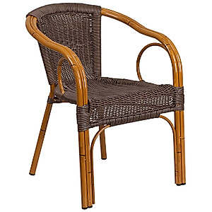EMMA + OLIVER Dark Brown Rattan Patio Chair with Red Bamboo-Aluminum Frame
