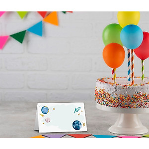 Table Place Card, Space Themed Tent Style Cards, Pack of 25 Half-Fold Reception Place Card, Astronaut Birthday Decor, Perfect for Baby Shower, Space Galaxy Birthday Party and Special Events C29