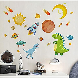 Dinosaur Outer Space Wall Decals, Dino Rocket Spaceship Decor Animal Planet Solar System Wall Sticker for Kid’s Bedroom Nursery Playroom Classroom Wall Decor