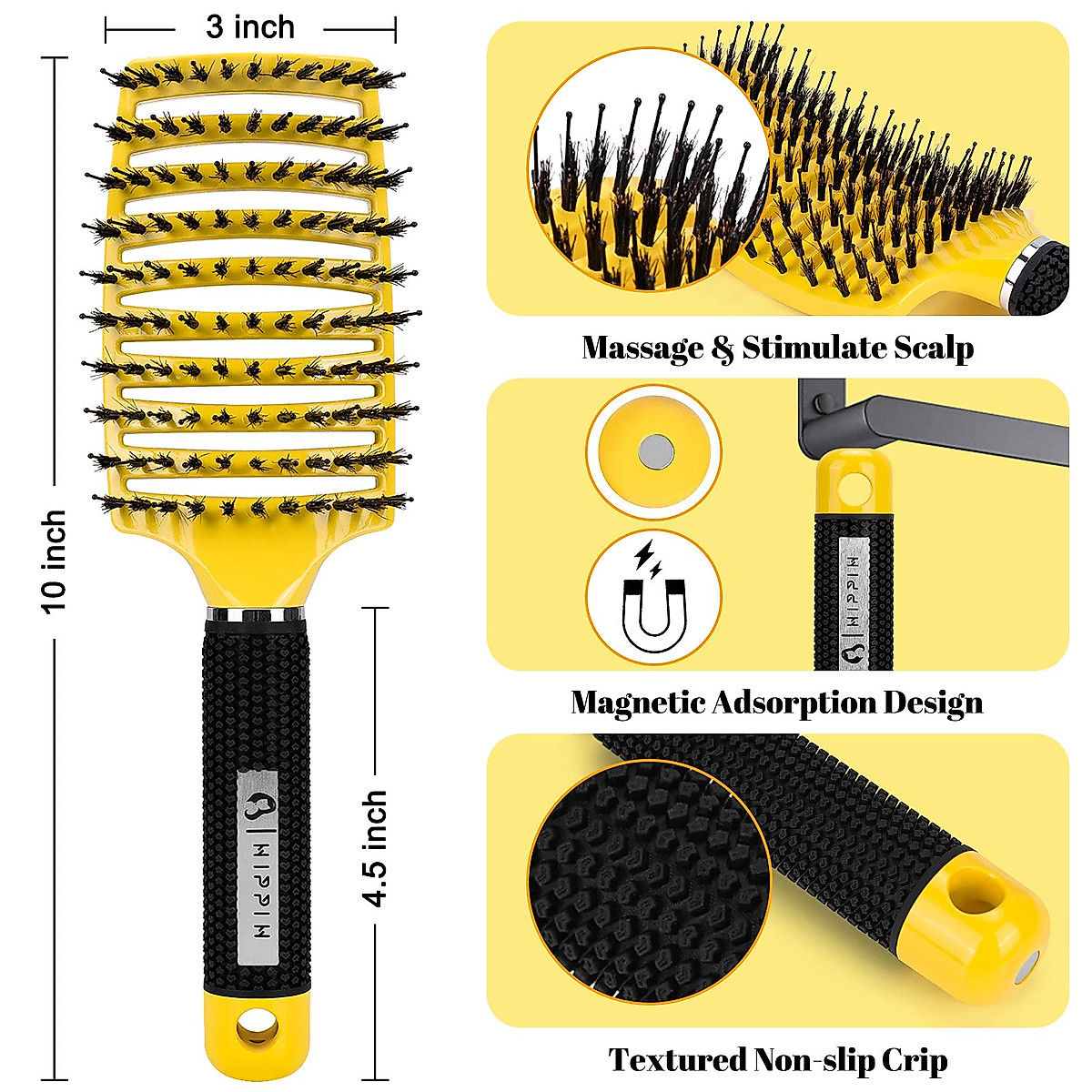 Detangling Brush 2 Pack, HIPPIH Boar Bristle Hair Brush for Women, Men & Kids' Wet or Dry Long Curly Thick Hair - Adds Shine and Smoothness Yellow