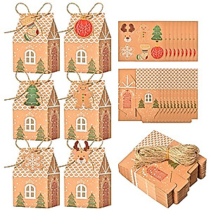 YKLIGTN 50 Packs latest Christmas Candy & Cookie Boxes, Gift Wap Bags with 108PCS DIY Pattern Tags and hemp rope,Creative Small&Stickers House Design Food Storage Wedding or Baby Shower Party Favors