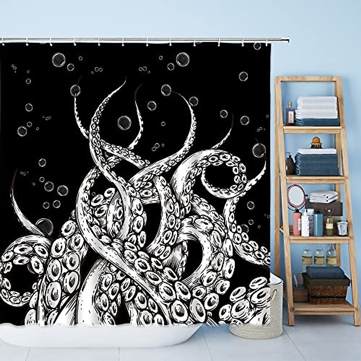 TFGGNDF 2 Piece Octopus Shower Curtain Sets with Bath Mat,White Octopus Tentacles Black Background Ocean Kraken 70"x 70" Bathroom Curatin with 12 Hooks and Bath Rugs