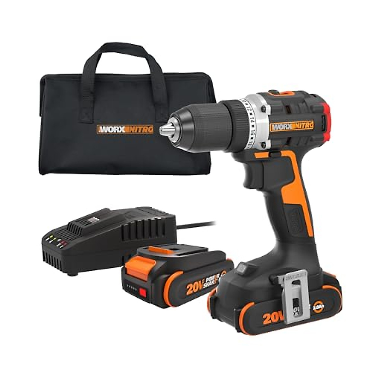 Worx Nitro 20V Cordless 1/2" Drill Driver with Brushless Motor, Compact & Lightweight Drill Set Only 6" and 3 lbs., Cordless Drill Power Share Compatible WX130L – Batteries & Charger Included