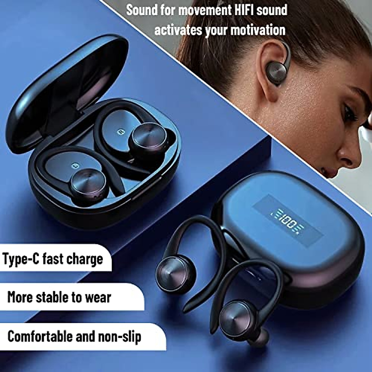 Wireless Earbuds Headphones Over Ear, True Wireless in Ear with Microphone, Deep Bass, Loud Voice Sport Earphones with Charging Case for Outdoor Running Gym Workout Sports