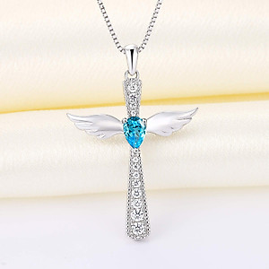 YL Cross Necklace 925 Sterling Silver Angel Wings Pendant Teardrop Created Aquamarine Criss Jewelry for Women