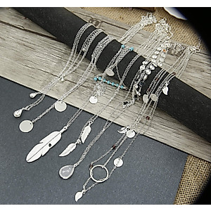 FINREZIO 12 PCS Gold Plated Layered Necklace for Women Sexy Long Choker Chain Y Necklace Bar Feather Pendent Necklace Sets Silver Tone