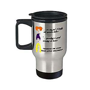 Creator's Cove Hocus Halloween novelty travel coffee mug stainless steel, Winifred Mary Sarah Sanderson sisters decor movie merchandise funny quotes cups, All Hallows eve Samhain, Dani Dennison