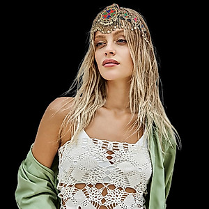 Duel On Jewel Ertuğrul Halima Turkish Kayi Tribal Afghan Kuchi Headband Ornament Jewelry In Antique Finish Bells Multicolor Stones - Costume Party Belly Dancing Gifts