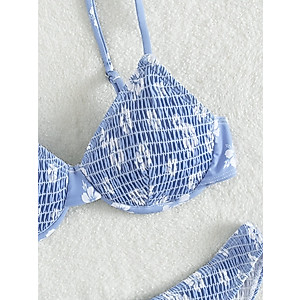GORGLITTER Women's 2 Piece Swimsuits Floral High Waisted Bikini Sets Push Up Triangle Bathing Suits Blue and White X-Small