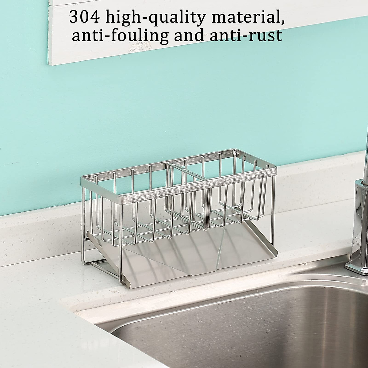 JINSILU Sink Caddy with Drain Tray, Kitchen Sink Caddy for ponge Dish Brush Soap, Kitchen Sink Organizer for Kitchen Bathroom, Sus304 Stainless Steel Rustproof