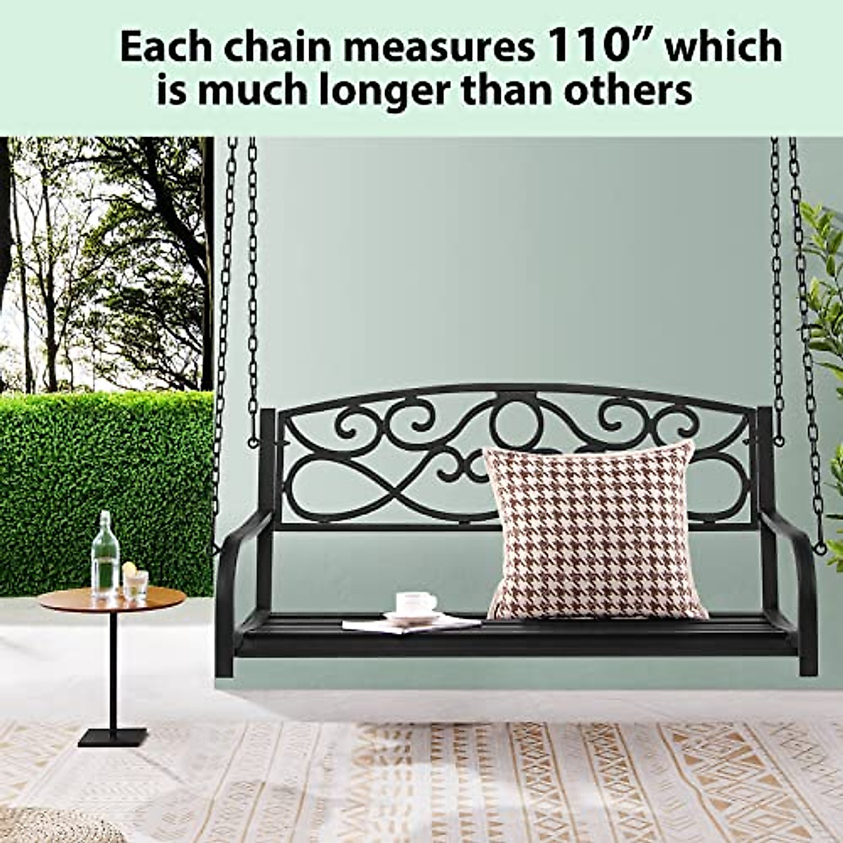 Giantex Metal Porch Swings 2 Person Outdoor Hanging Garden Bench with Sturdy Chains, Wide Seat & Curved Armrests, 485 Lbs Weight Capacity Swing Loveseat for Deck, Backyard Patio Swing Chair (Black)