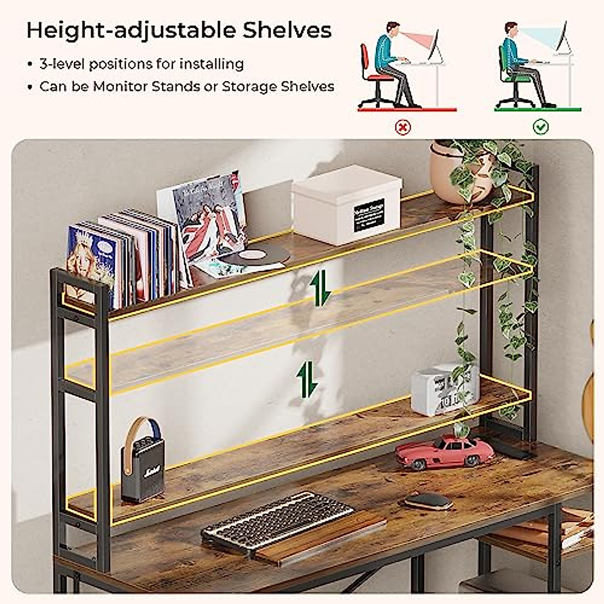 Huuger 55 inch Computer Desk with Adjustable Shelves, Gaming Desk with LED Lights & Power Outlets, Home Office Desk with Monitor Stand, Hooks & CPU Stand, Rustic Brown