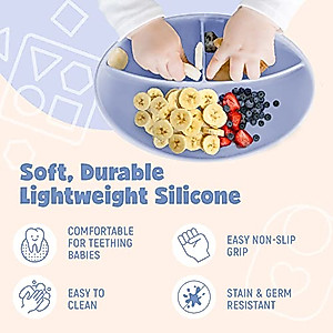 Juvitek Baby Silicone Set, Baby Feeding Set, Toddler Plates and Bowls Set with Baby Spoon, Fork, Mat and Cup, Comes with Anti-Slip Suction Base and Adjustable Bib, 3 Months and Up, Blue, Set of 8