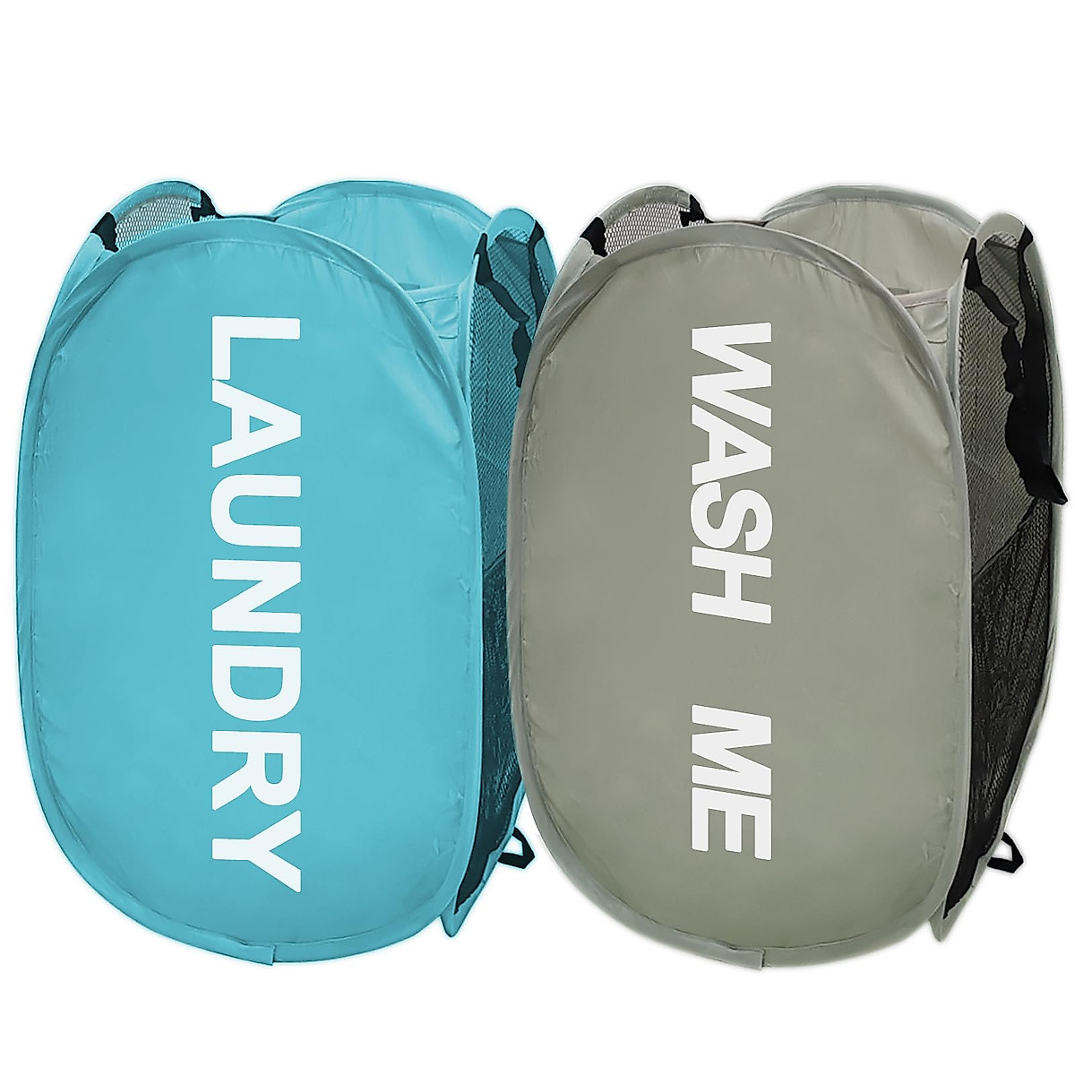 Buenod Mesh Popup Laundry Hampers, Collapsible Laundry Baskets, 2 Pack Clothes Hampers for Home, Bathroom, College Dorm, RV Cruise, Travel (Gray + Blue)