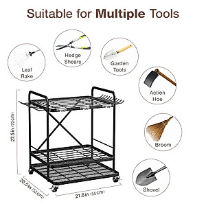 Lineware Garden Tool Organizer For Garage Garden Tool Storage with Wheels Garden Tool Rack Stand Garden Tool Holder Yard Tool Storage for Outdoor Shed Garage Garden Black