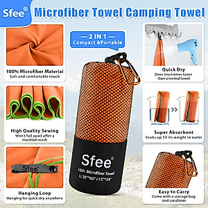 Sfee 2 Pack Microfiber Travel Towel, Quick Dry Towel Camping Towel Large Beach Towel Super Absorbent Compact Lightweight Sports Towel Gym Towel for Beach, Gym, Hiking, Pool, Backpacking, Bath, Yoga