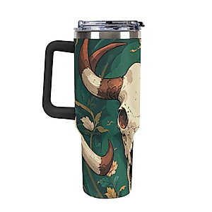 FZQVSGW Bull Skull 40 Oz Tumbler with Handle And Straw Stainless Steel Vacuum Insulated Tumblers Reusable Keep Drinks Cold Coffee Cup Holder Friendly Gifts for Women Men Car Gym Travel